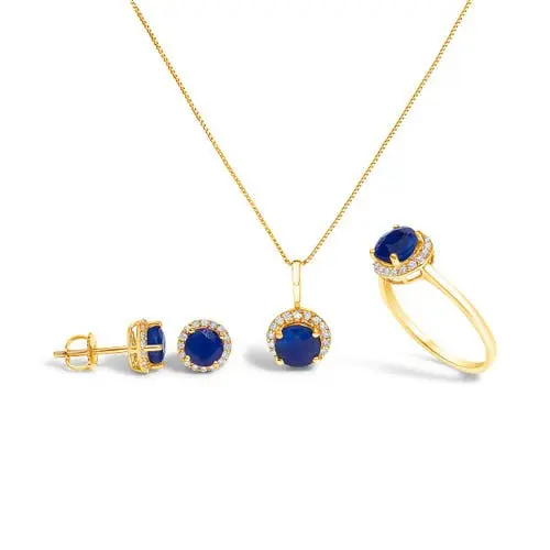 HAUS OF BRILLIANCE 10k Gold Gemstone And Diamond Halo Jewelry Set - Yellow | Blue Sapphire